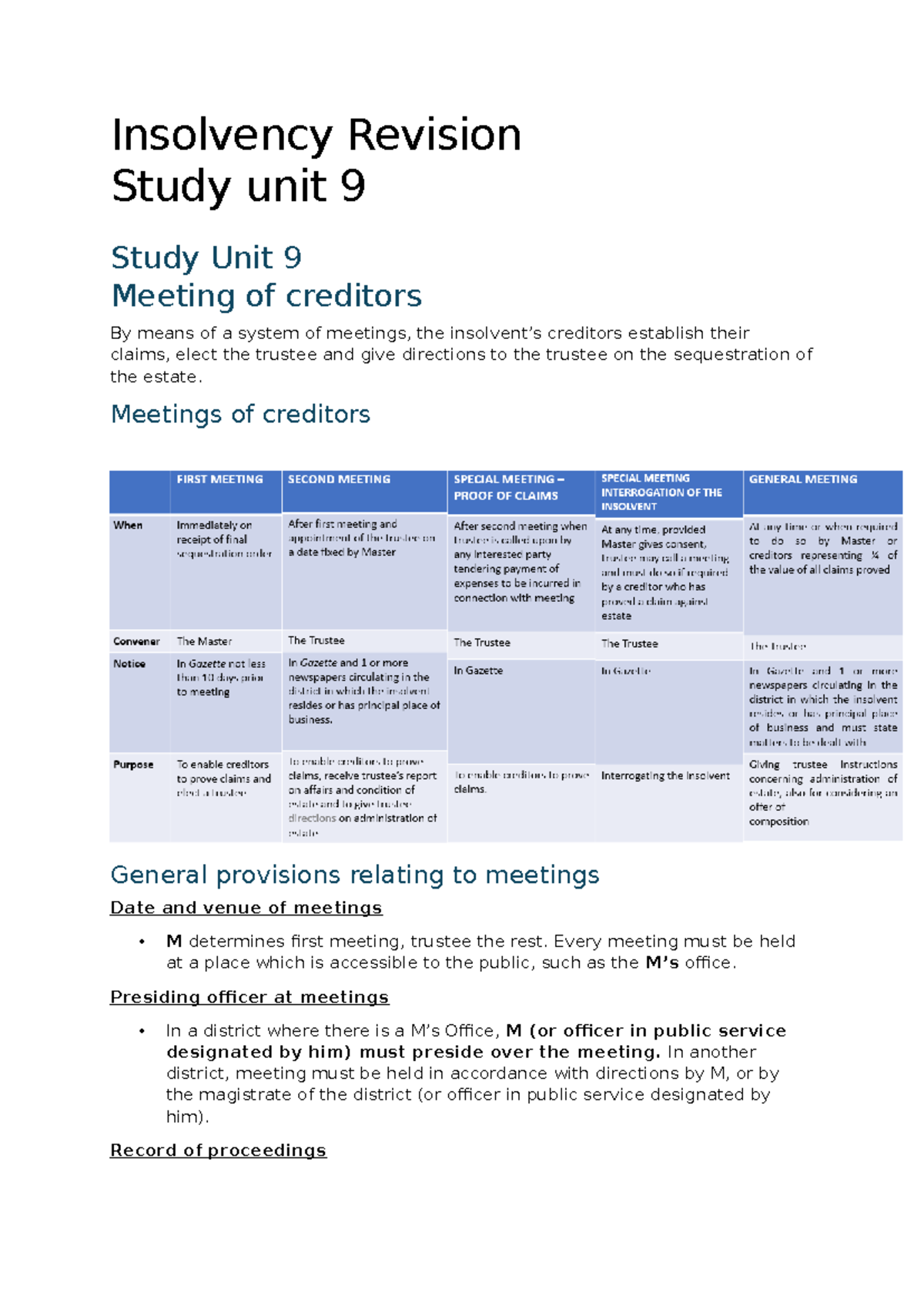 Insolvency Revision SU 9 - Insolvency Revision Study unit 9 Study Unit 9 Meeting of creditors By ...
