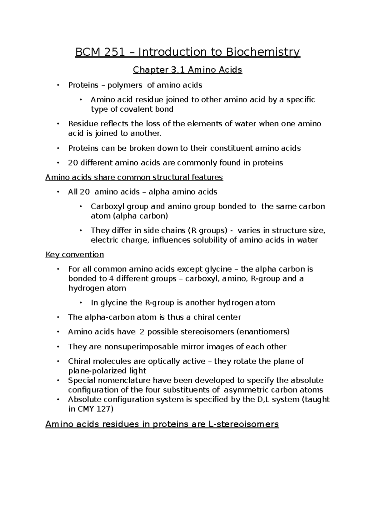 BCM 251 Chapter 3 - BCM 251 – Introduction to Biochemistry Chapter 3 ...
