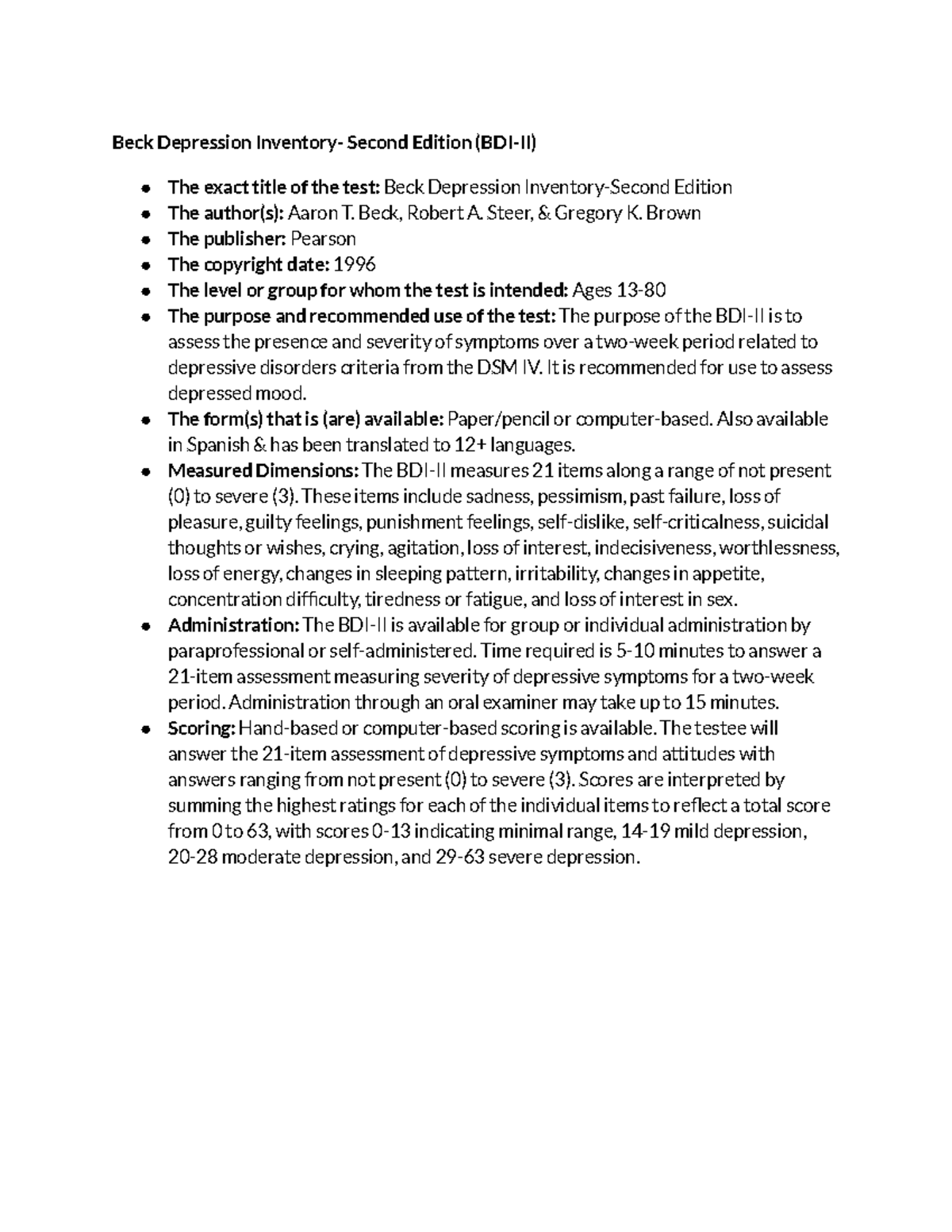 Beck Depression Inventory- Second Edition (BDI-II) Notes - Beck, Robert ...