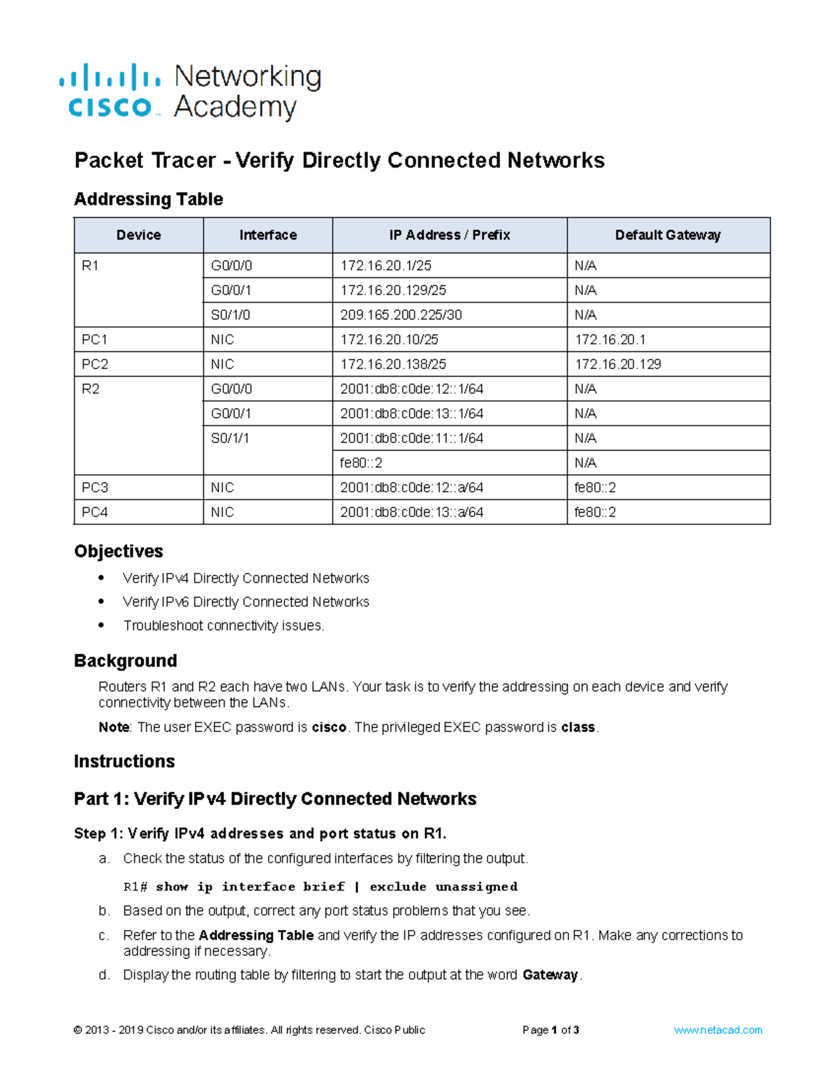 1.5.10 Packet Tracer - Verify Directly Connected Networks - Packet Tracer - Verify Directly ...
