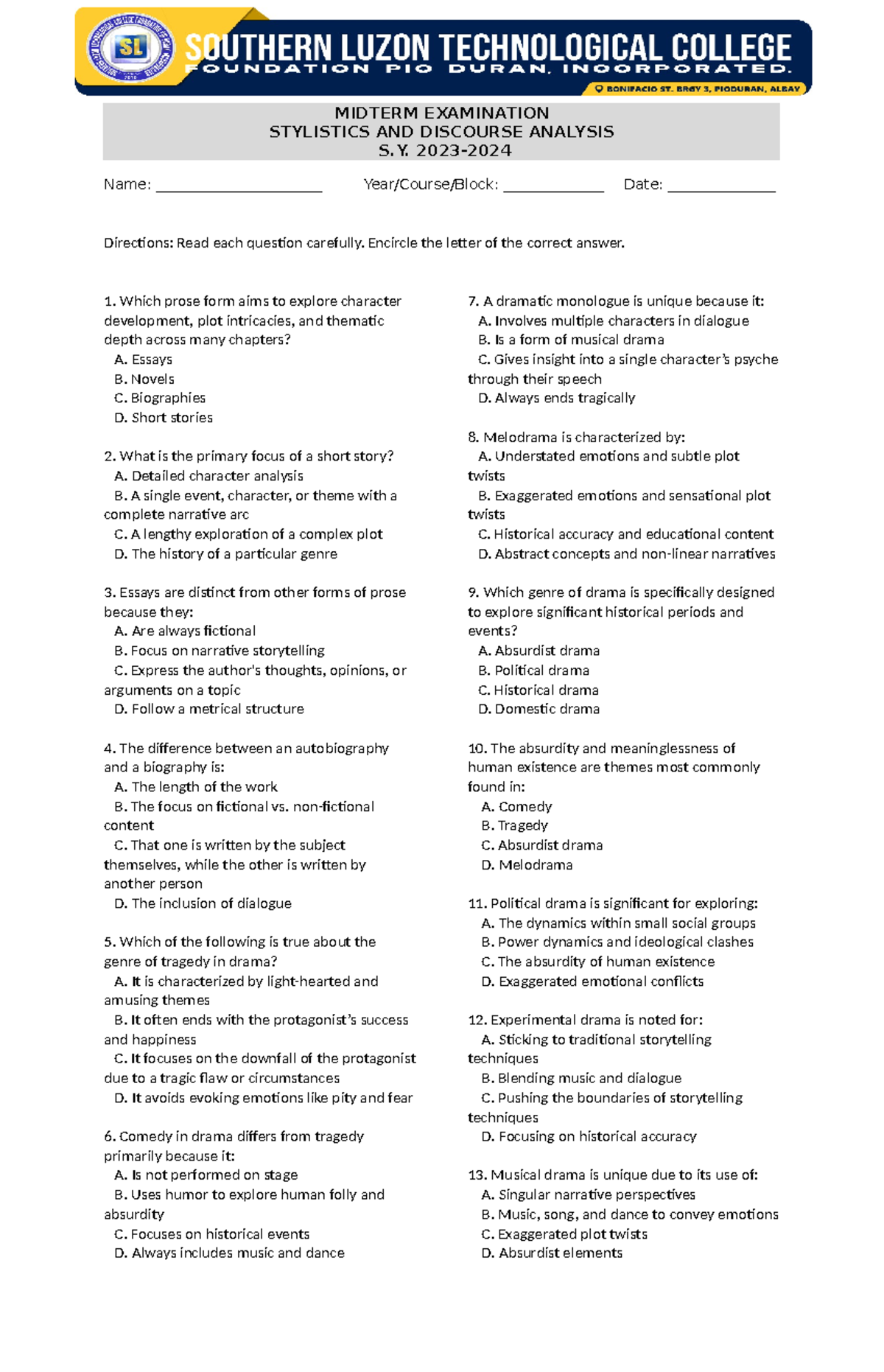 Midterm EXAM SDA - MIDTERM EXAMINATION STYLISTICS AND DISCOURSE ...