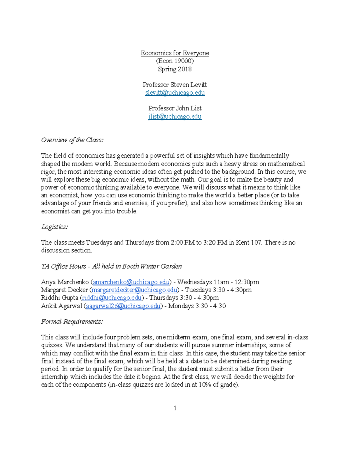 Econ 190 Economics for Everyone Syllabus Levitt - Economics for ...