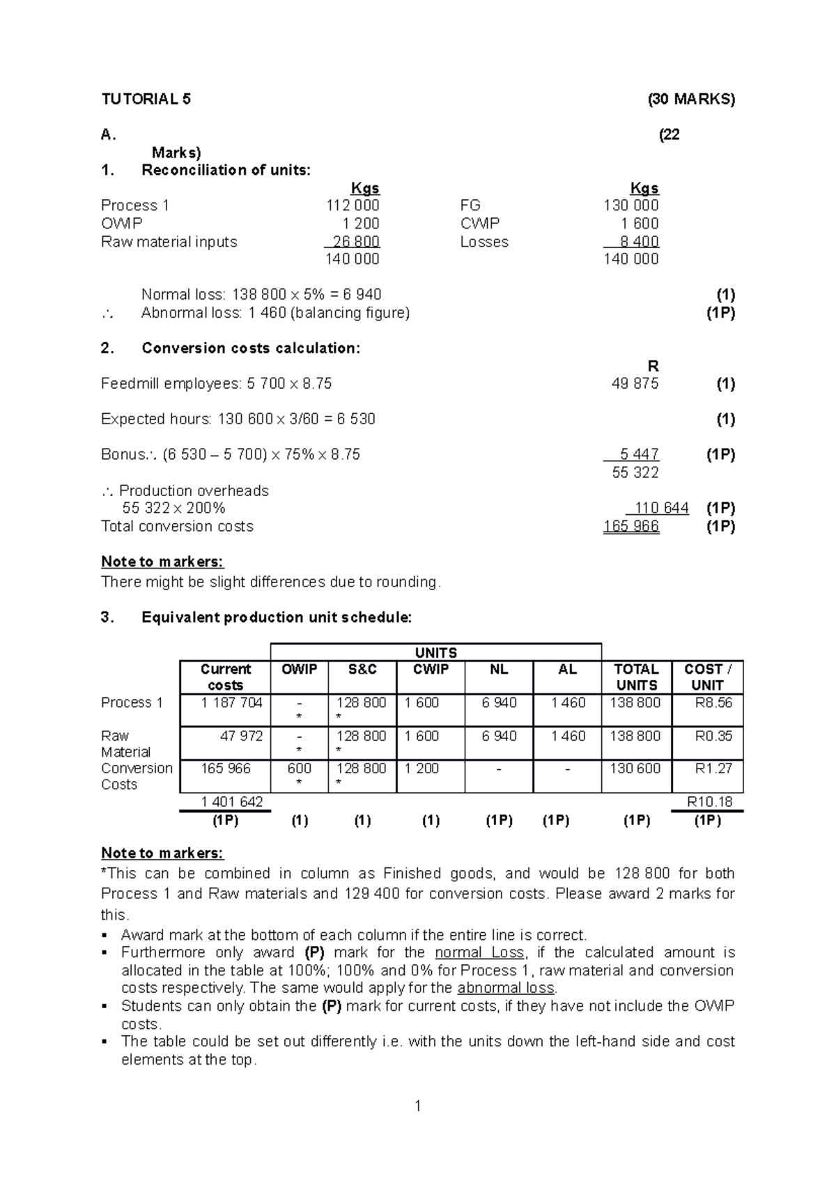 Tutorial 4 - Solution - Process costing Tut - TUTORIAL 5 (30 MARKS) A. ( Marks) 1 ...
