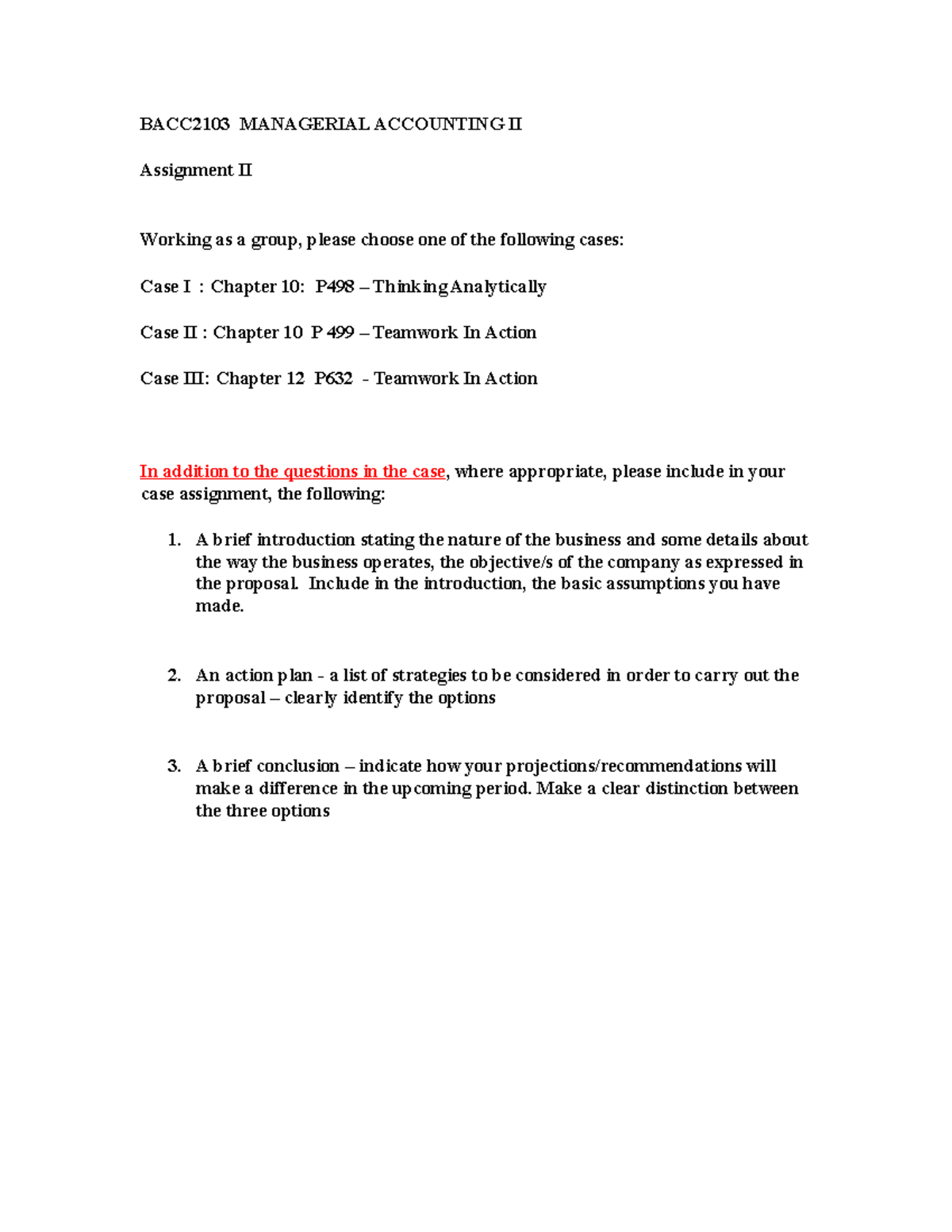 Assignment II with grading sheet - BACC2103 MANAGERIAL ACCOUNTING II ...