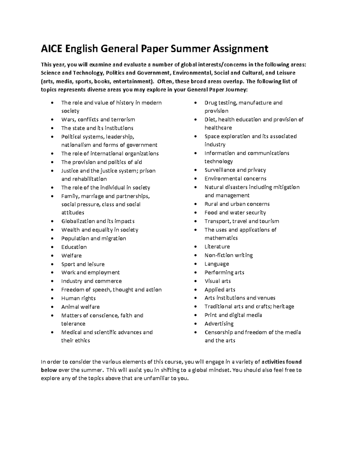 Final AICE GPaper summer assignment 2022-2023 - AICE English General ...