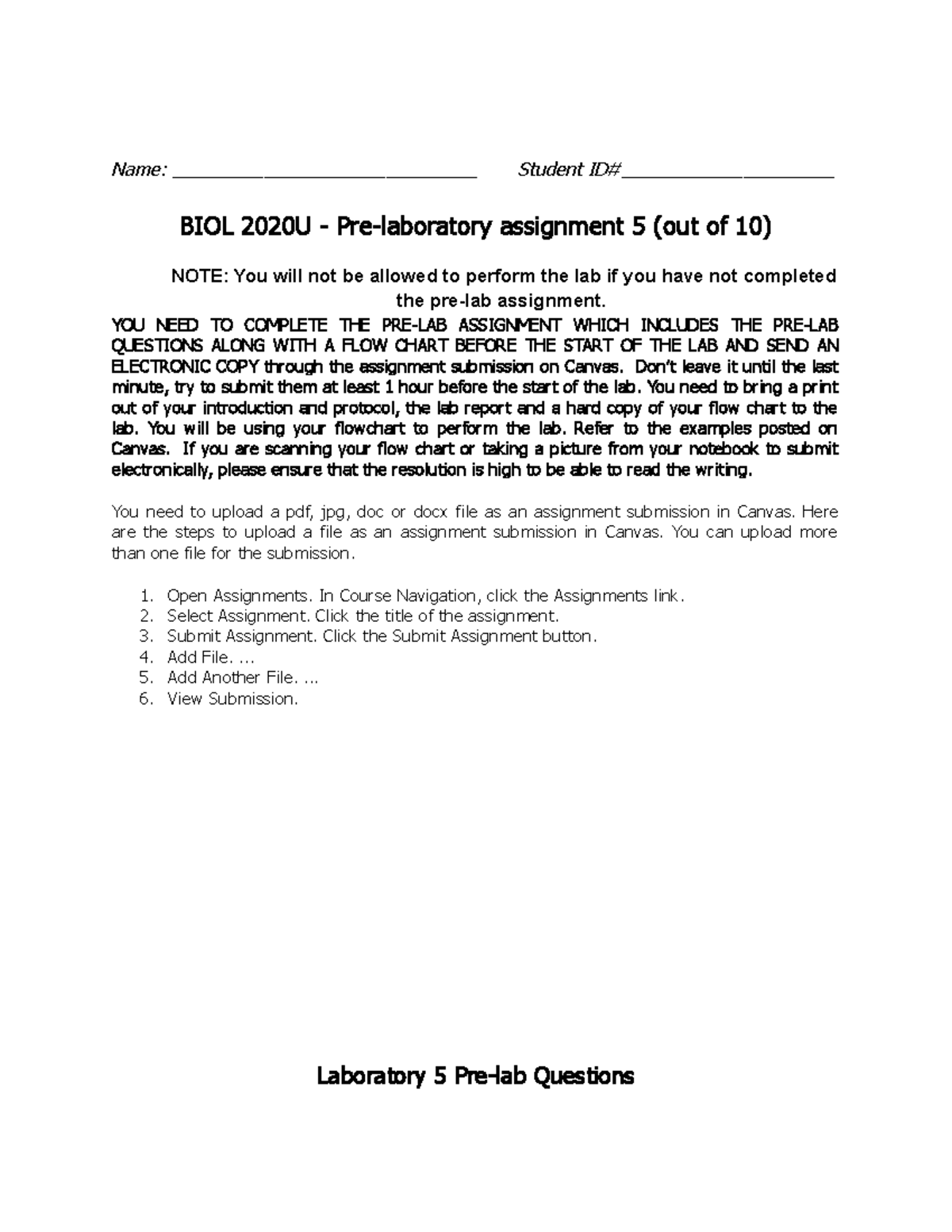 Lab 5-Biol 2020U-Pre-lab 2023 BIOL2020 - Name ...