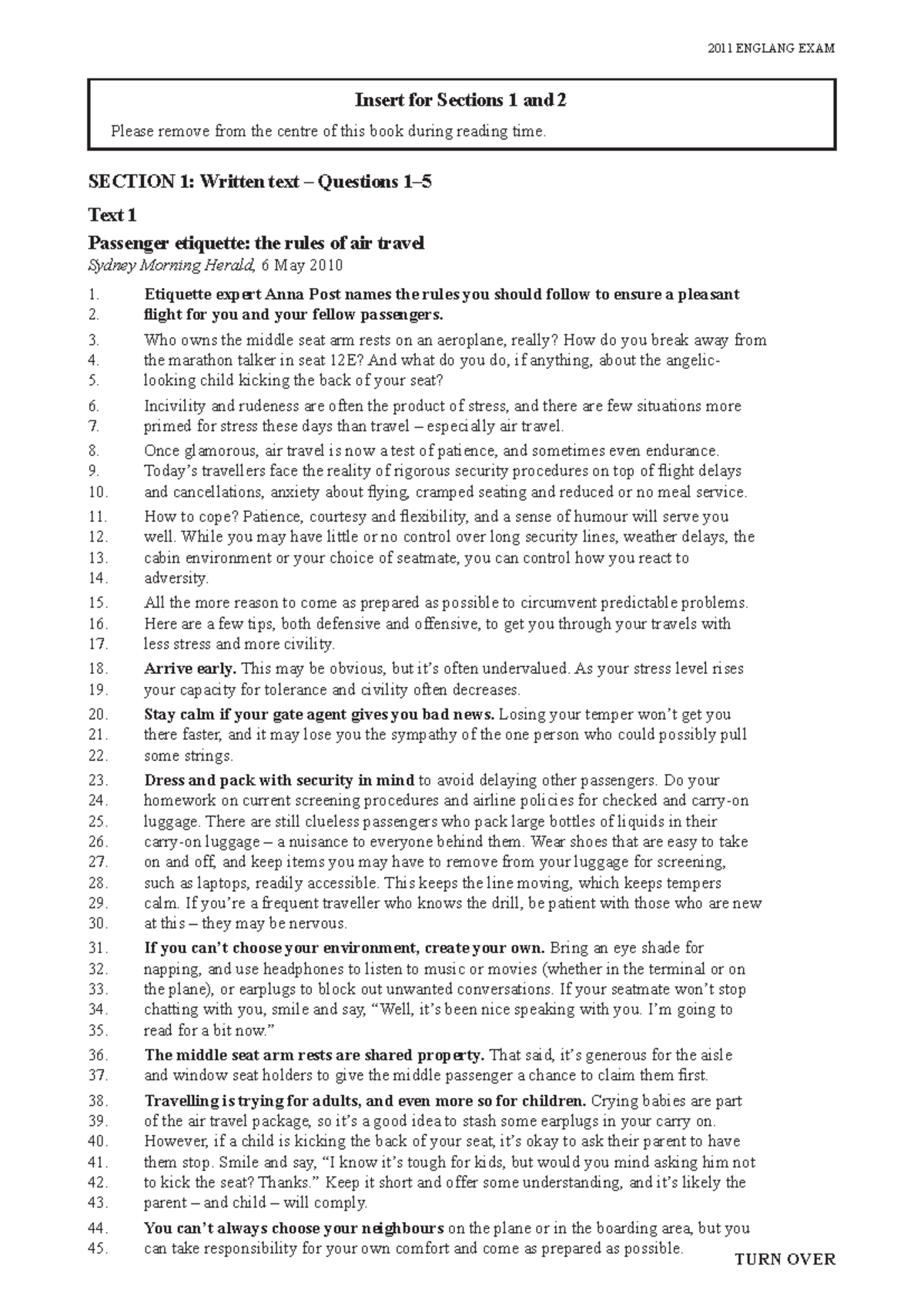 Englang text insert - TURN OVER SECTION 1: Written text – Questions 1 ...
