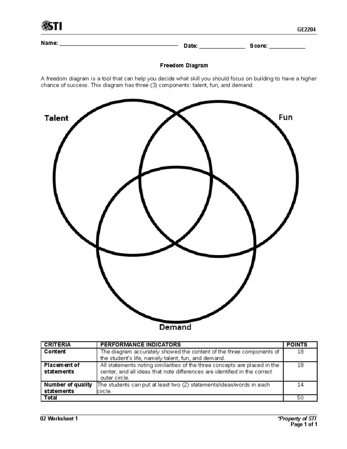02 Worksheet 1 - Worskheet 2 - GE Name: Date: Score: Freedom Diagram A ...