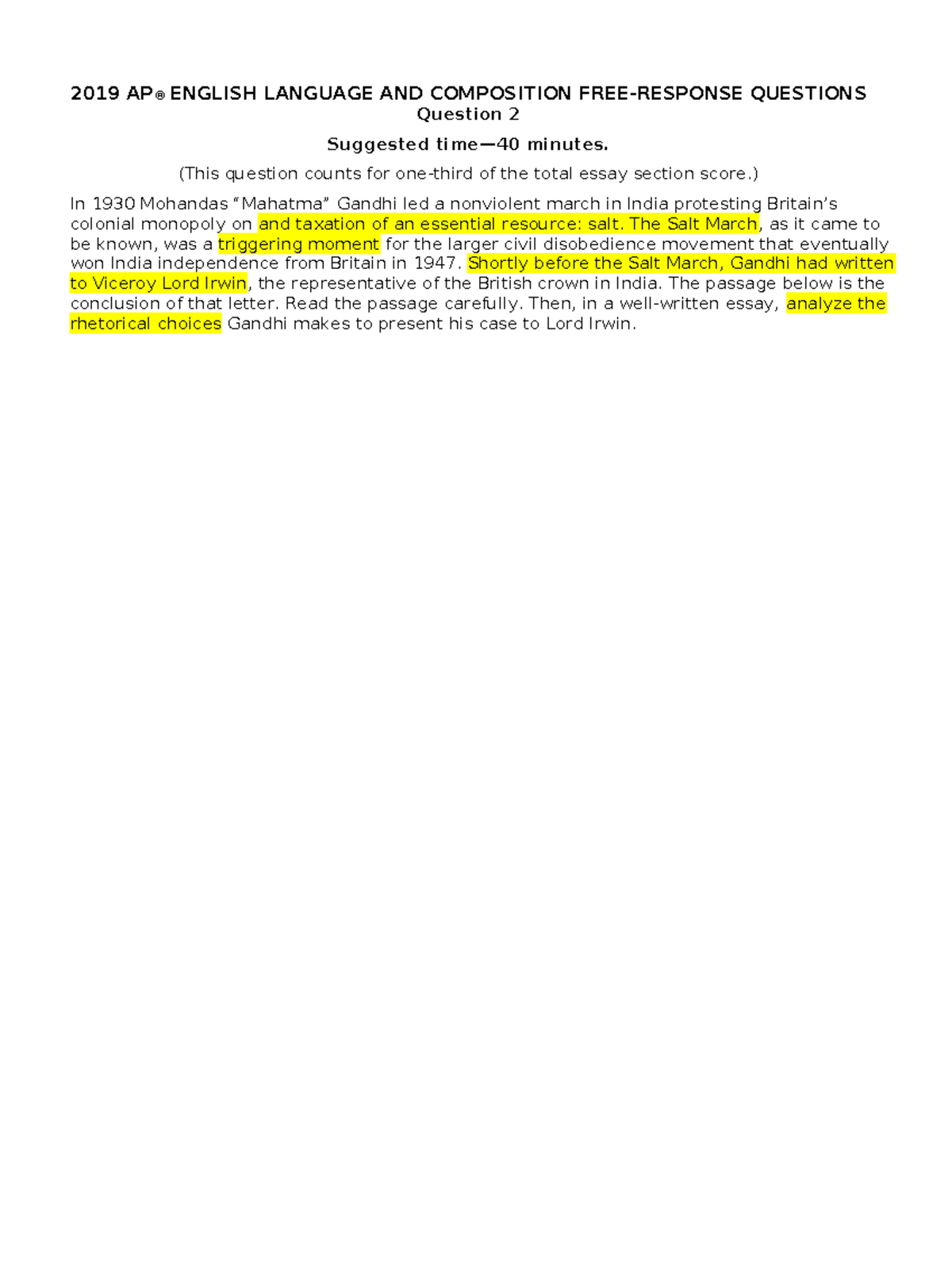 2019 AP - AP ENGLISH TEST - 2019 AP® ENGLISH LANGUAGE AND COMPOSITION ...