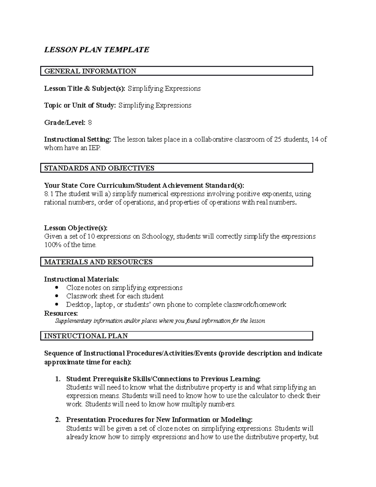 A1 lesson plan 2018 09 28 - LESSON PLAN TEMPLATE GENERAL INFORMATION ...