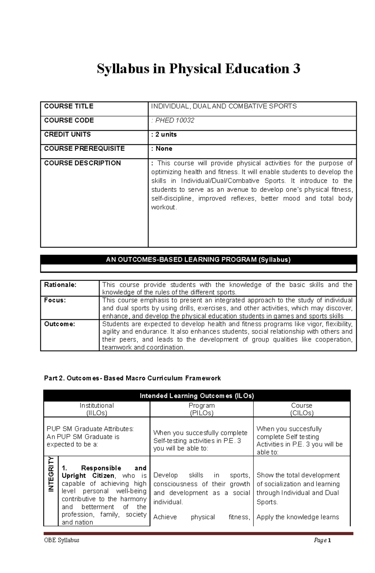 OBE Syllabus PE 3 Updated - Syllabus in Physical Education 3 COURSE ...