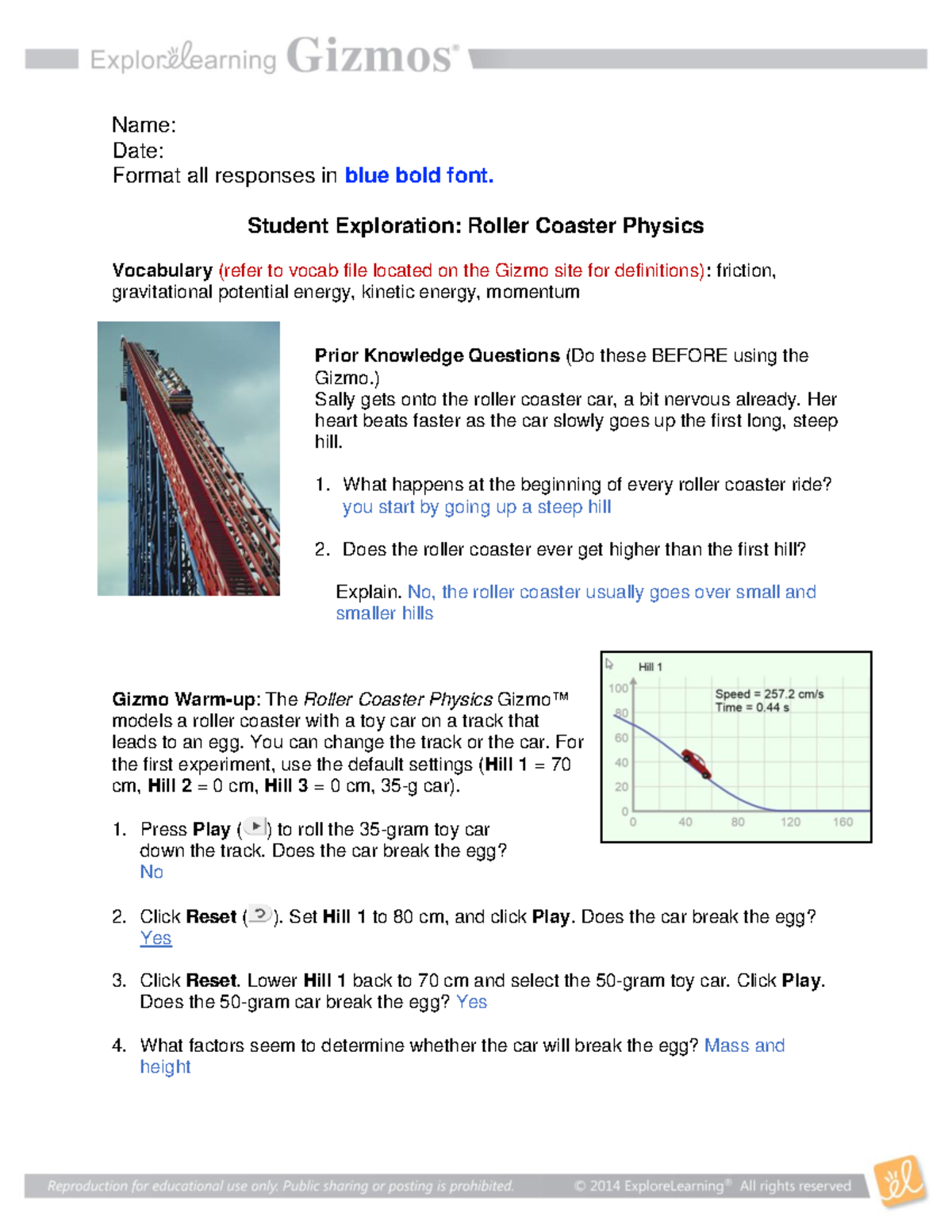 2.3 Roller Coaster SE - Science - Name: Date: Format all responses in ...