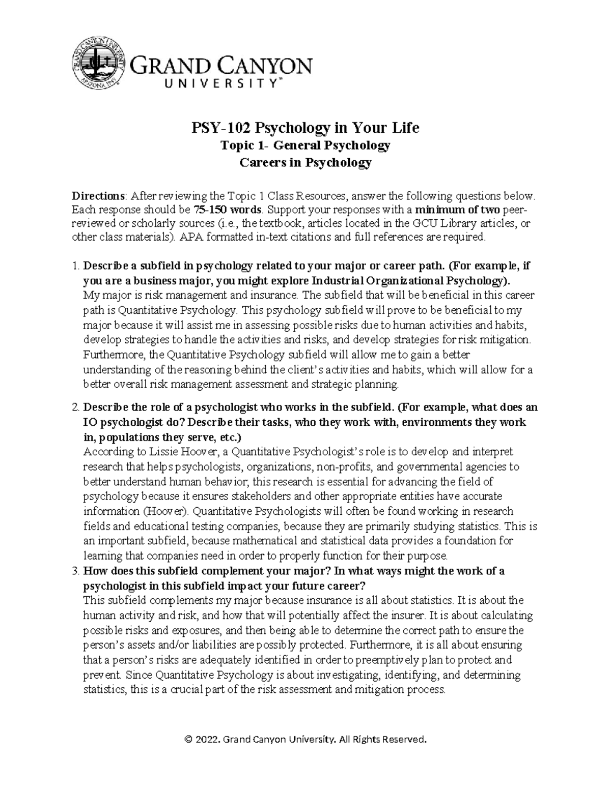 PSY102 - Careers in Psychology - PSY-102 Psychology in Your Life Topic 1- General Psychology ...
