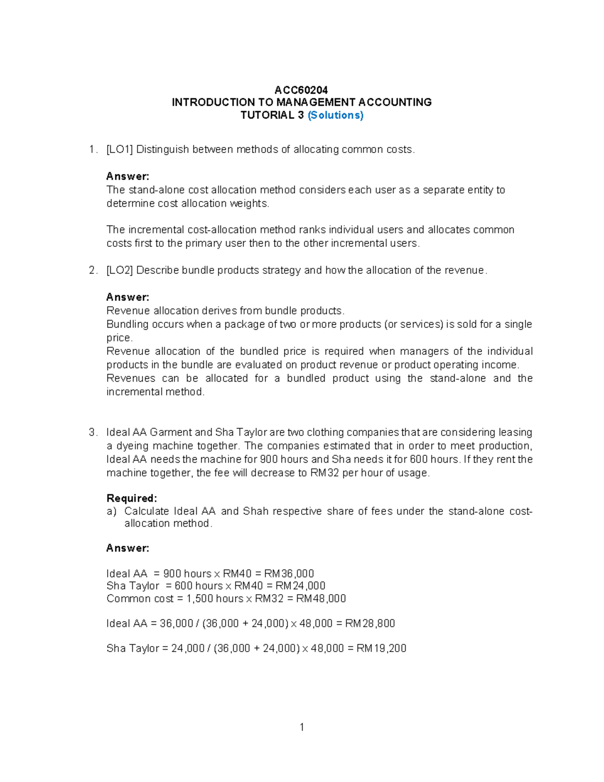 IMA Tutorial 3 (A) - Answers - ACC INTRODUCTION TO MANAGEMENT ...