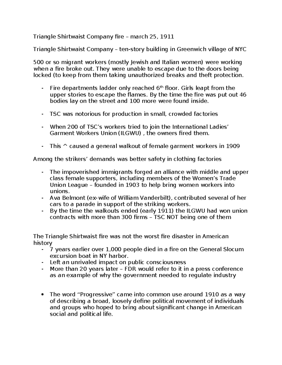HY 104 - Chapter 18 Notes - Triangle Shirtwaist Company fire – march 25 ...