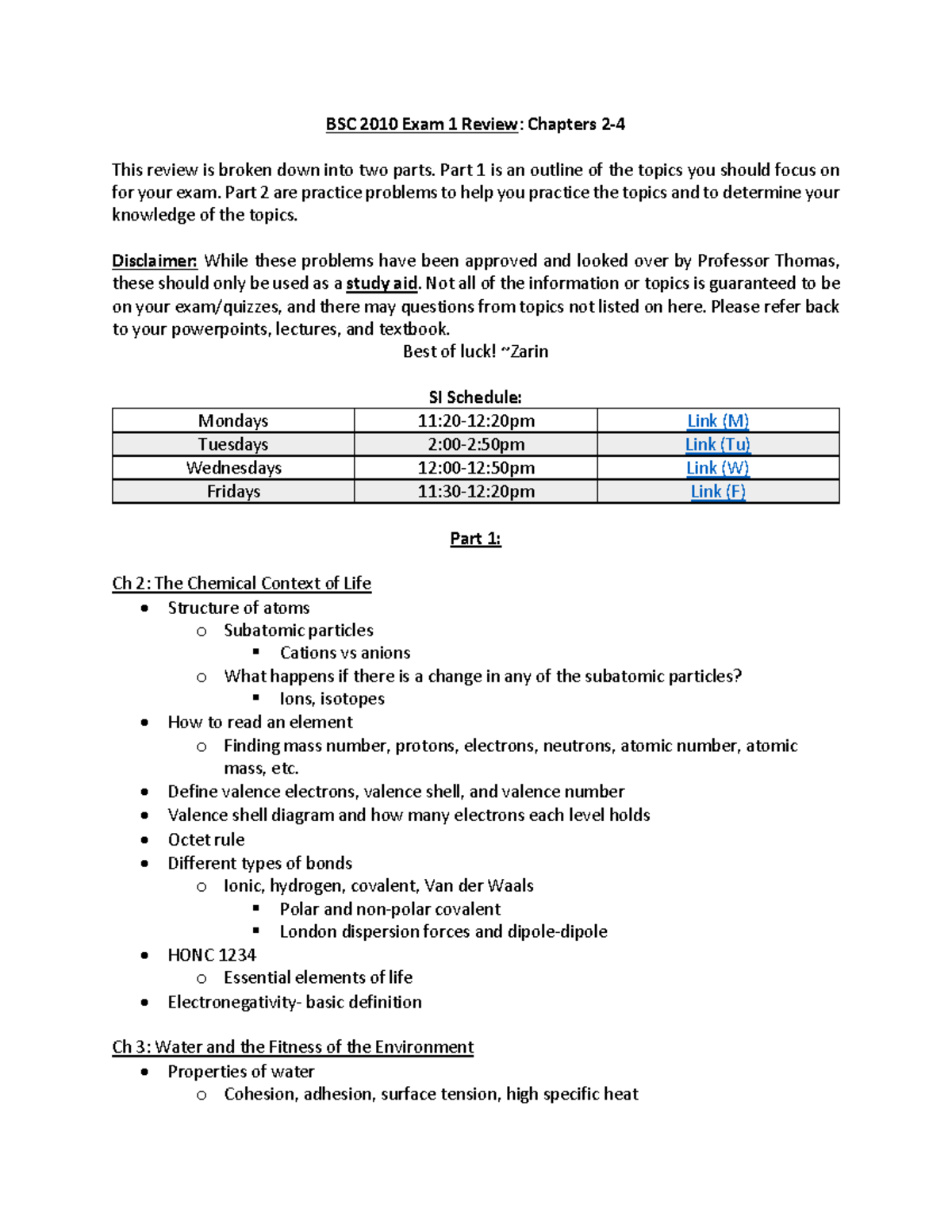 Exam 1 Review - Summary Sheet of Exam 1 - BSC 2010 Exam 1 Review ...