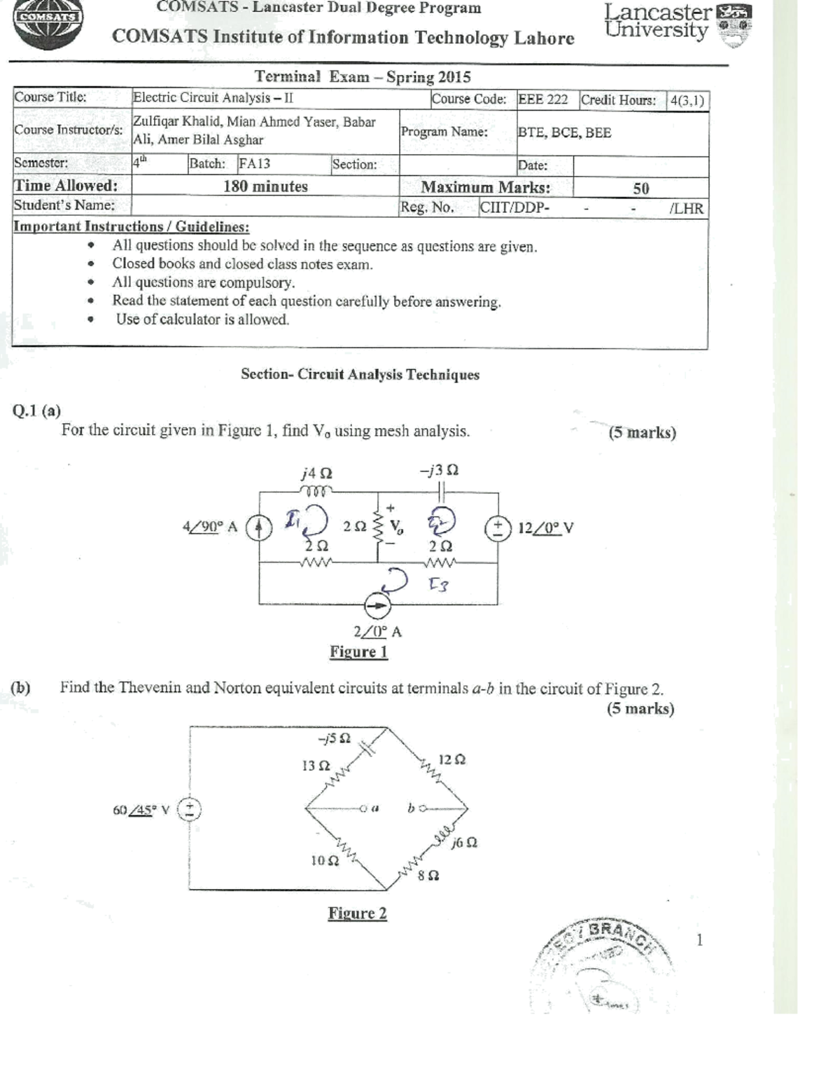 Exam 1 June 2015, questions - Electric Circuits Analysis II - Studocu
