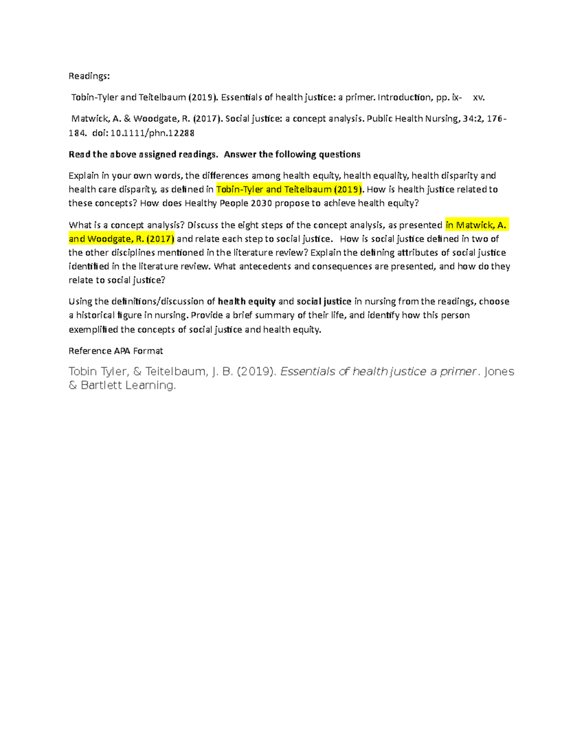 Social justice assignment 1 - Readings: Tobin-Tyler and Teitelbaum ...