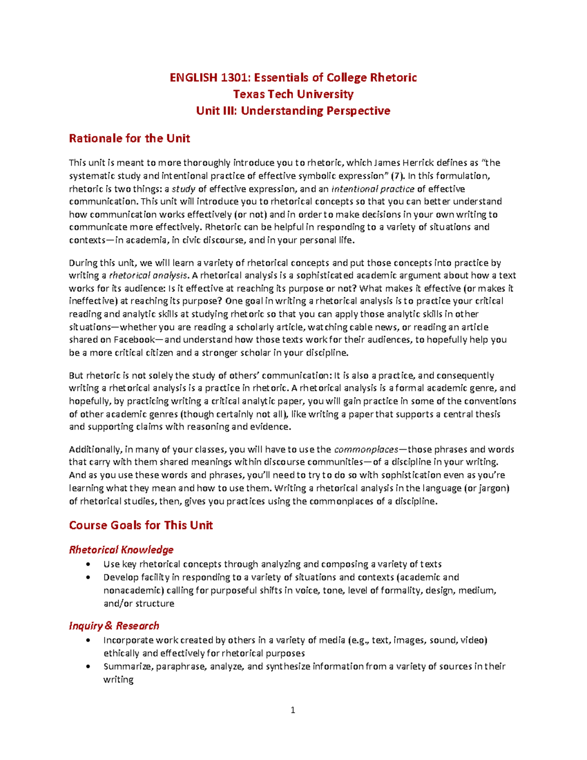 1301 Unit III - Project 3 Understanding Perspective - 1 ENGLISH 1301 ...