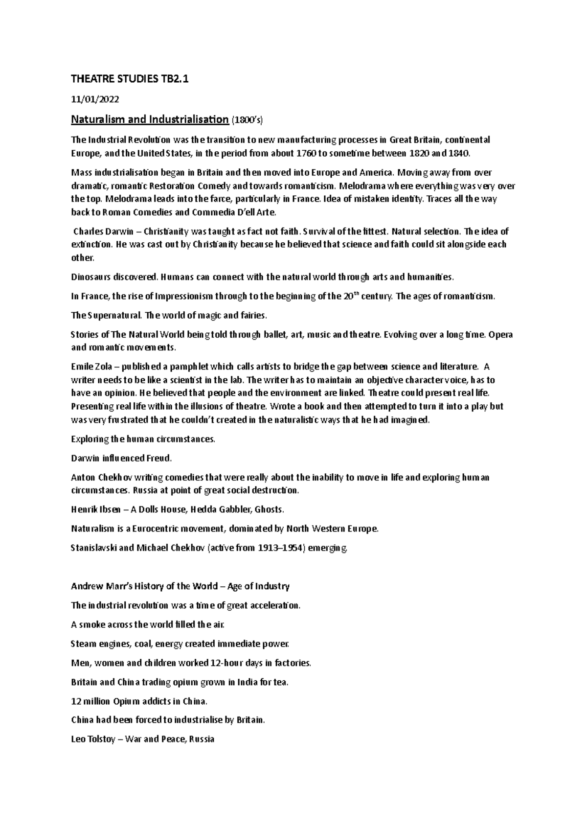 Theatre Studies TB2 - THEATRE STUDIES TB2. 11/01/ Naturalism and ...