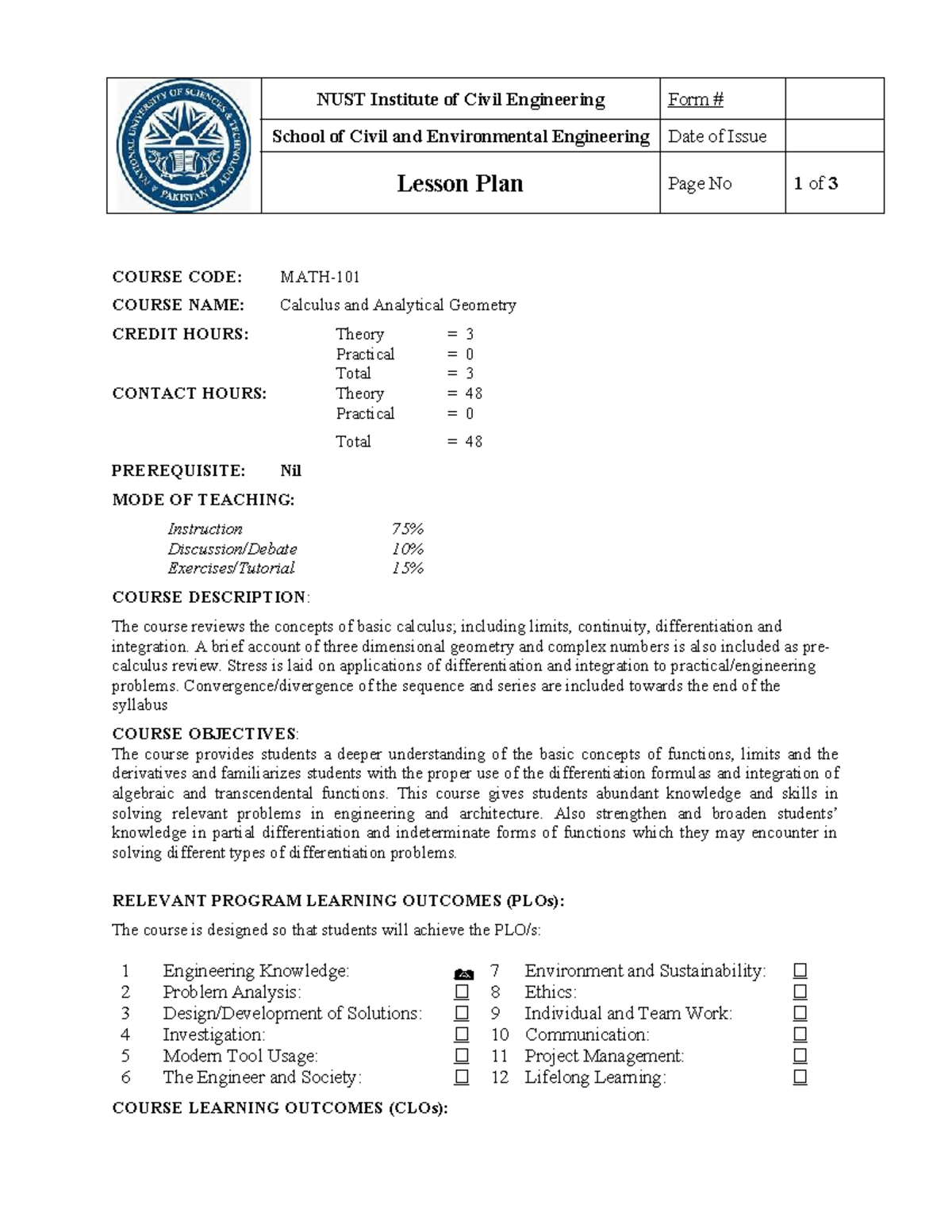 MATH-101 Calculus and Analytical Geometry - NUST Institute of Civil ...