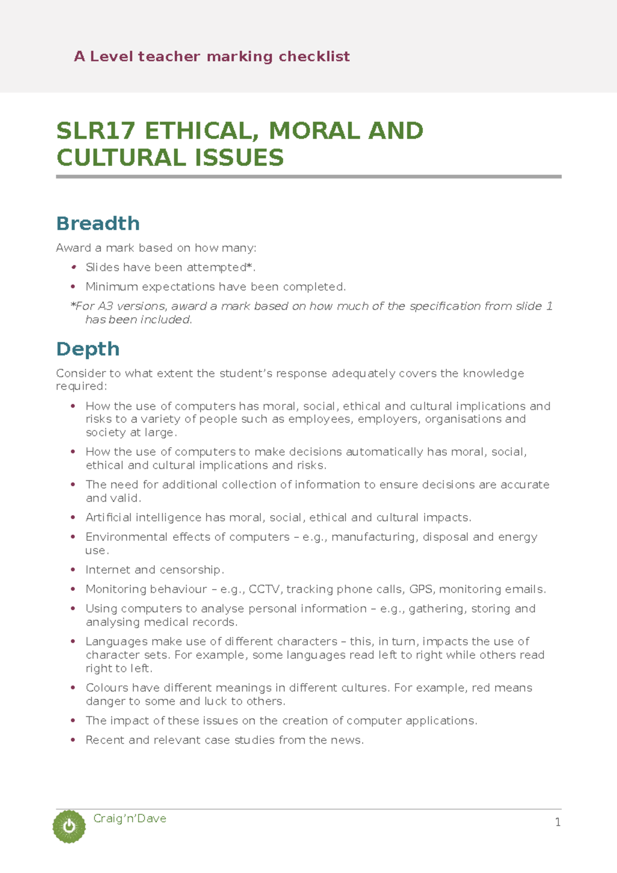 SLR17 A Level teacher marking checklist - Craig’n’Dave SLR17 ETHICAL ...