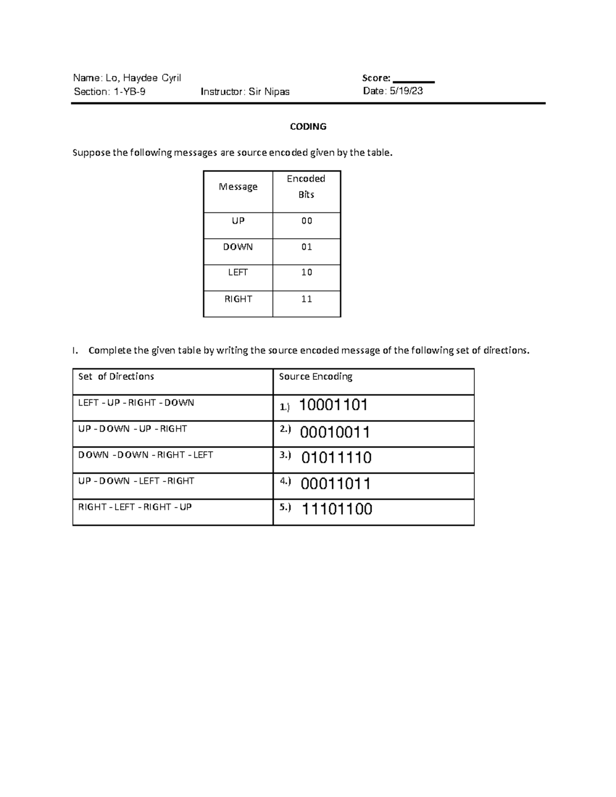 Coding - Math - Name: Lo, Haydee Cyril Score: Section: 1-YB-9 ...