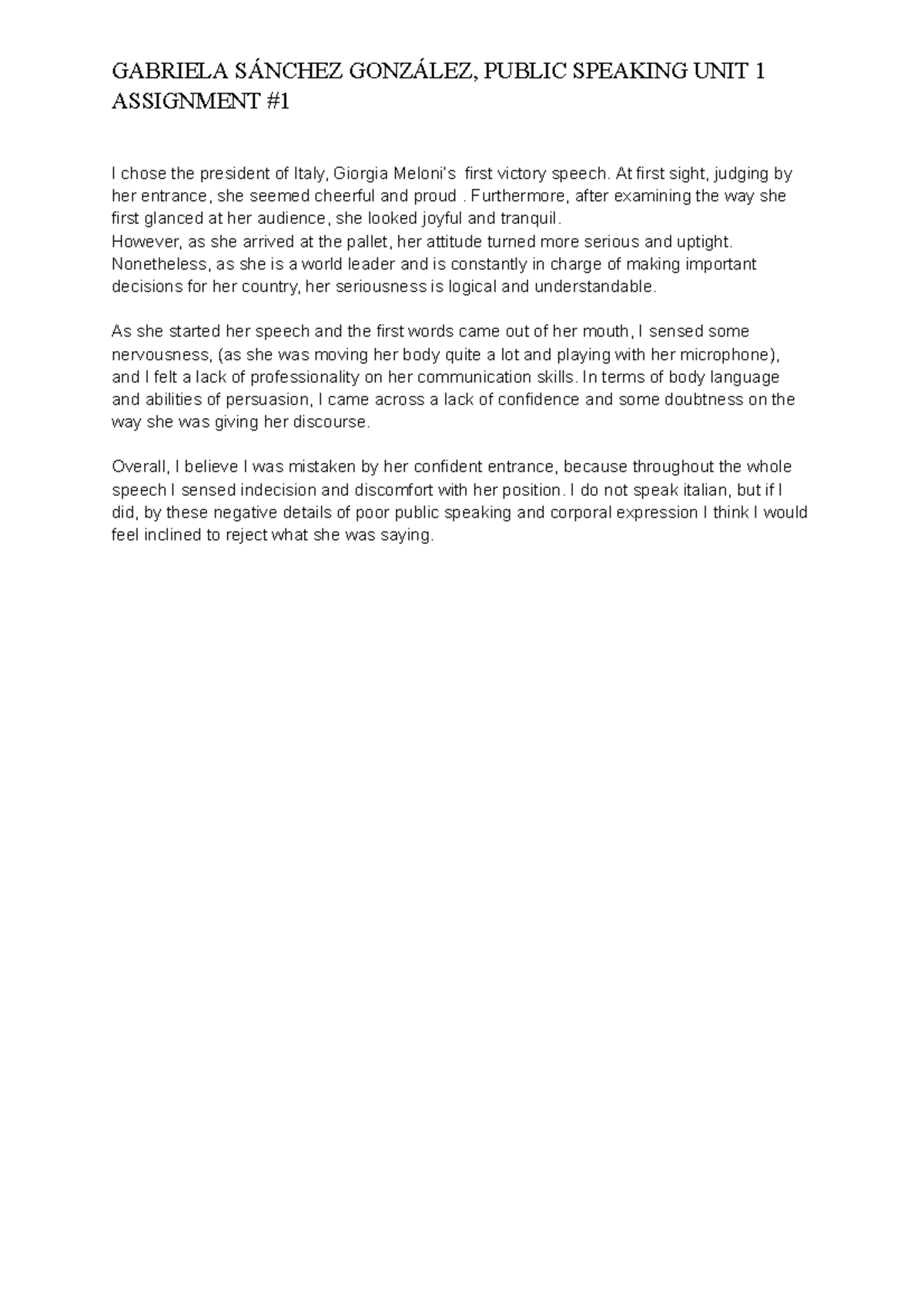 Unit 1, Public speaking assignment 1 - GABRIELA SÁNCHEZ GONZÁLEZ ...