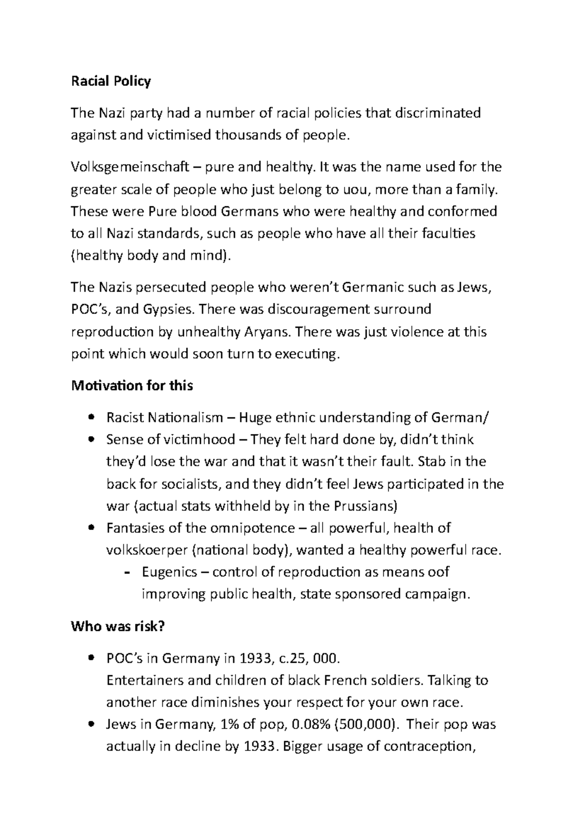 Nazi Racial Policy - Racial Policy The Nazi party had a number of ...