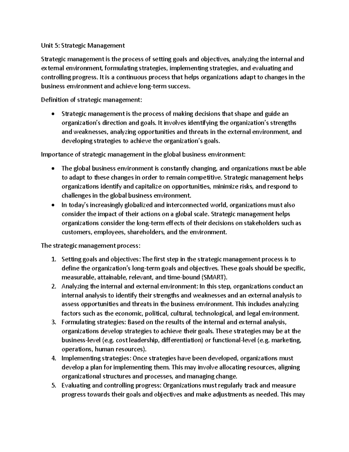 Unit 5 Strategic Management - Unit 5: Strategic Management Strategic ...