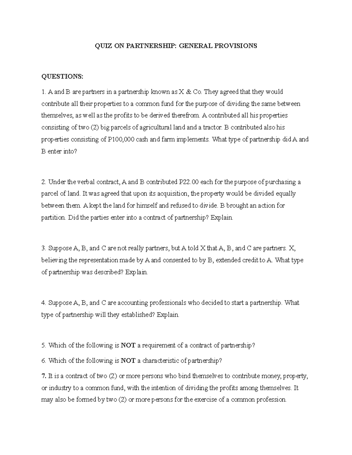01 Quiz 1 - practice quiz - QUIZ ON PARTNERSHIP: GENERAL PROVISIONS ...