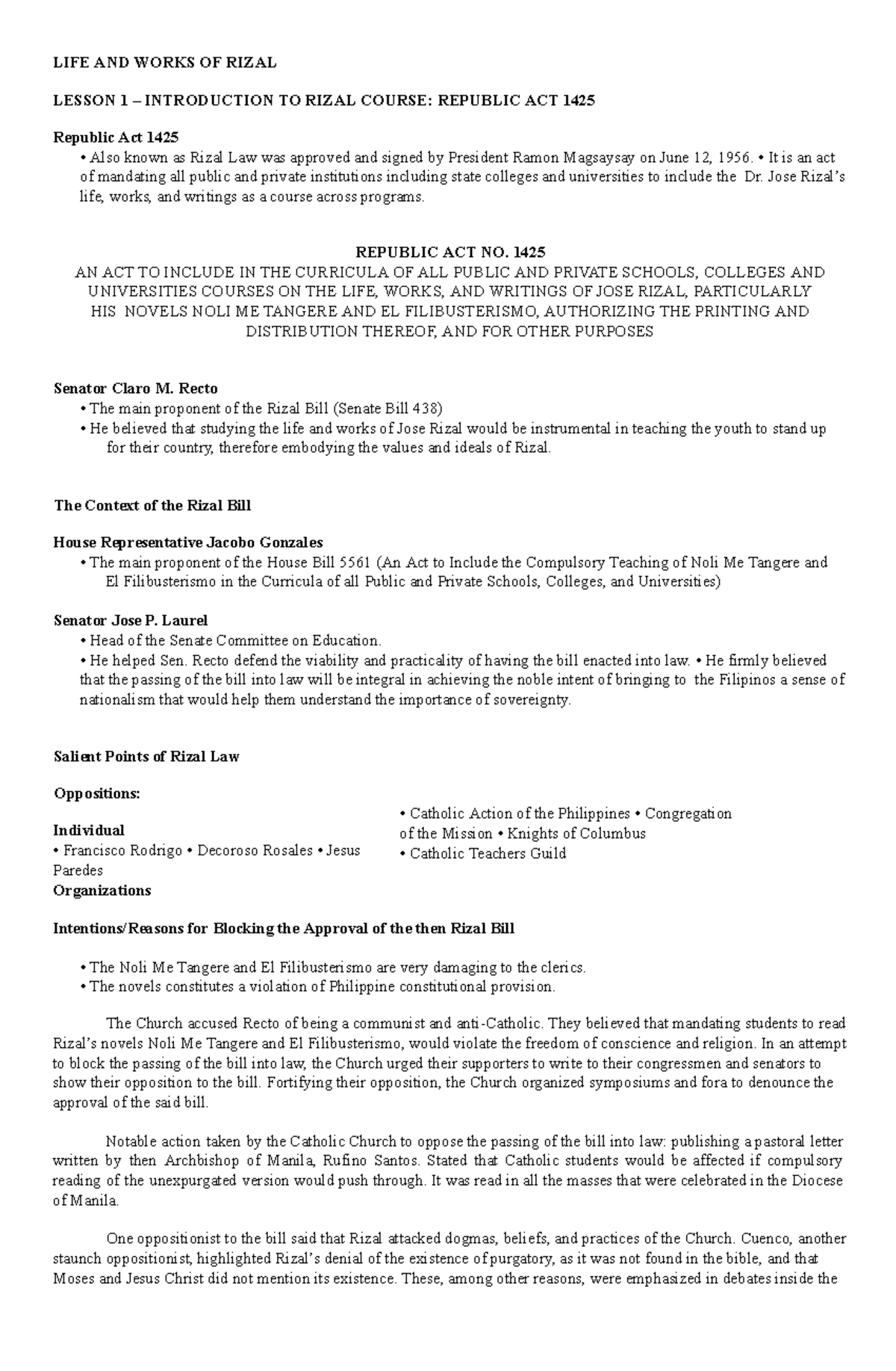 Lesson 1 - Introduction to Rizal Course (Republic Act 1425) - LIFE AND ...