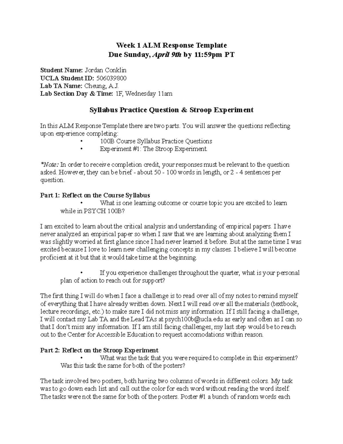 ALM Response PSY100B - Week 1 ALM Response Template Due Sunday, April ...