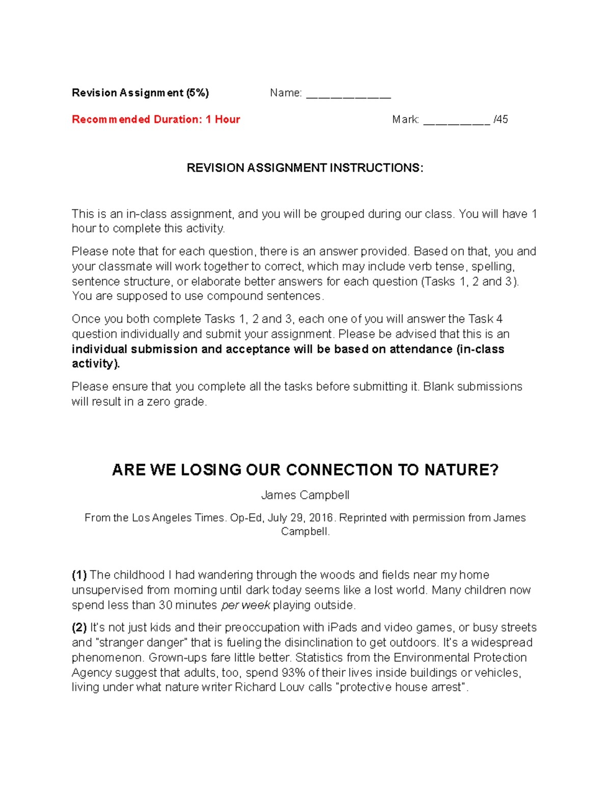 Revision Assignment - You will have 1 hour to complete this activity ...