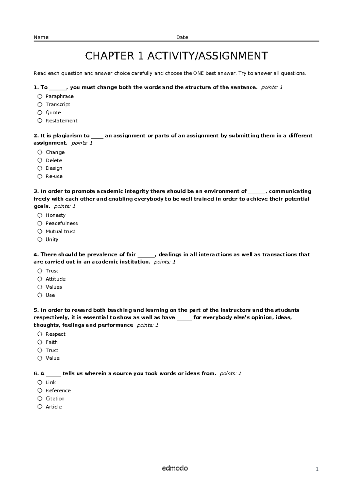 Chapter 1 Activity Assignment - Name: Date CHAPTER 1 ACTIVITY ...