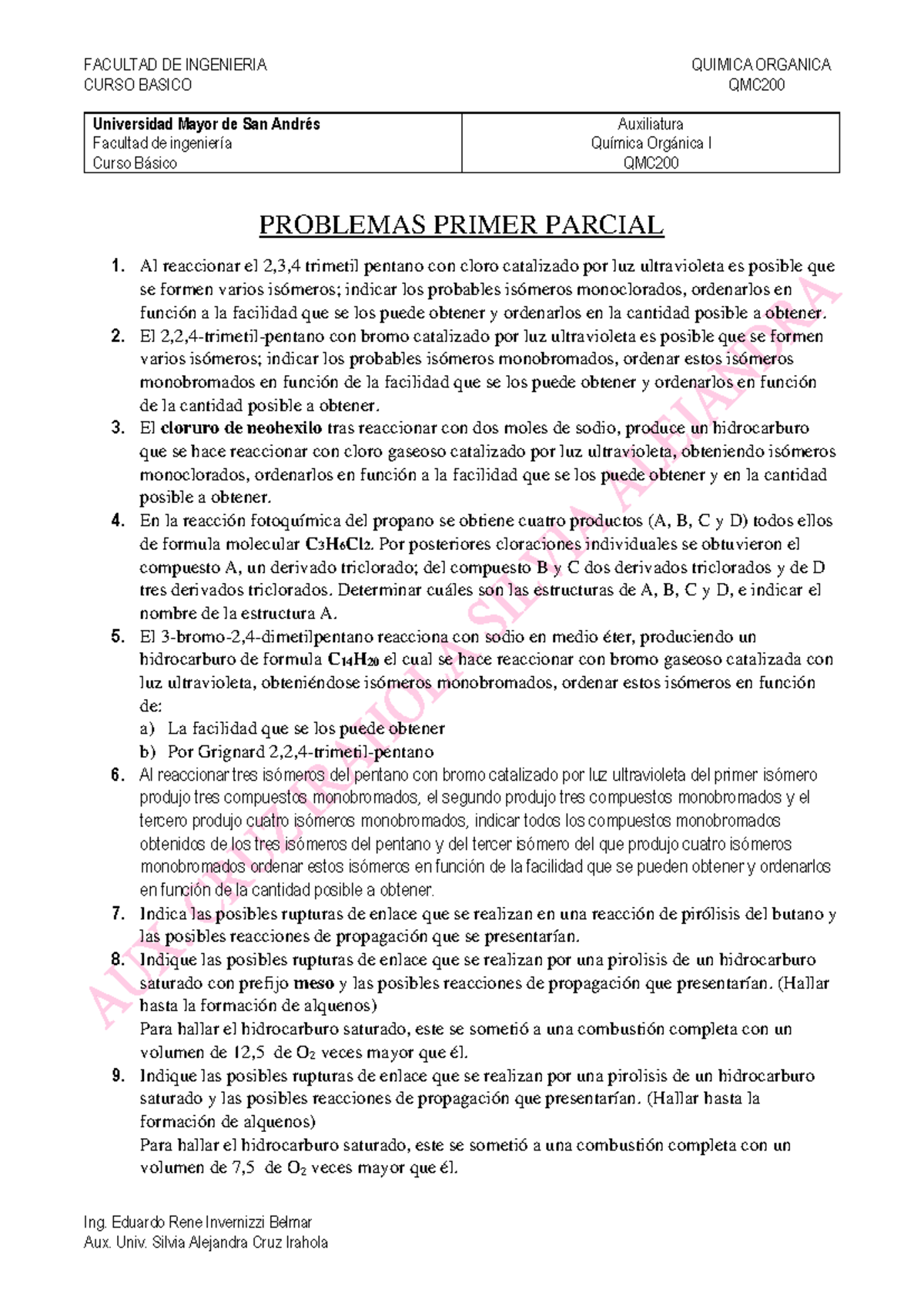 Problemas 1P - FACULTAD DE INGENIERIA QUIMICA ORGANICA CURSO BASICO QMC ...