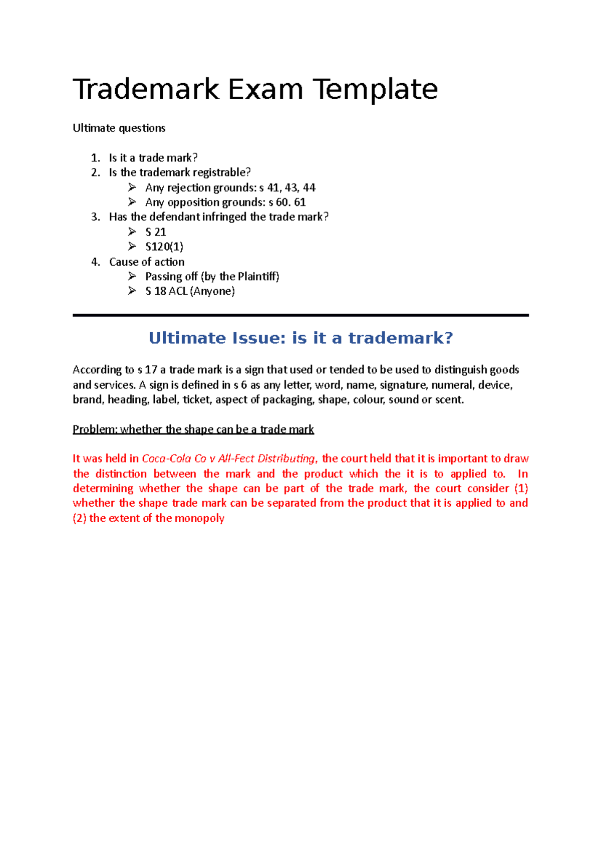 Trademark - Summaries - Trademark Exam Template Ultimate questions Is ...