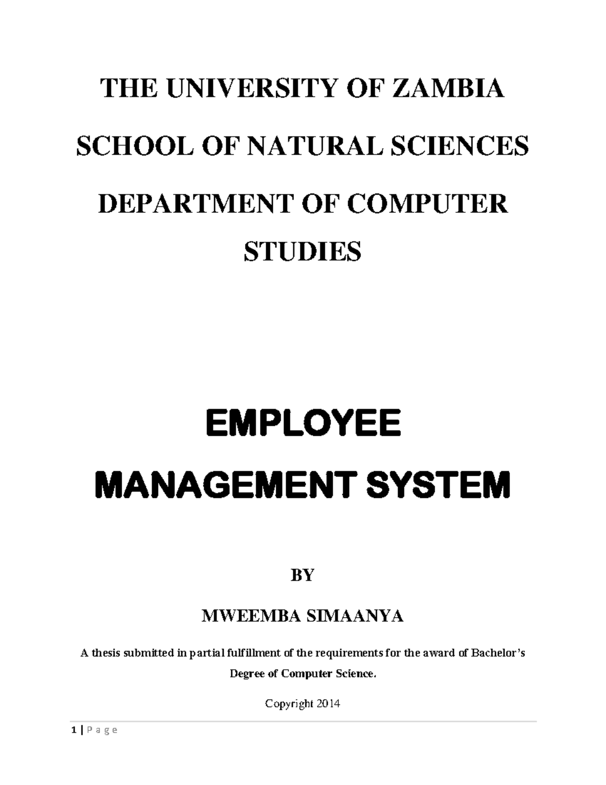 Employee Management System - THE UNIVERSITY OF ZAMBIA SCHOOL OF NATURAL ...