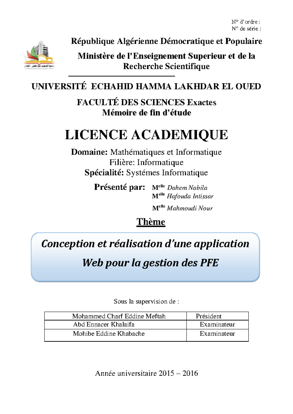 Conception et réalisation d'une application web pour la gestion des PFE - République Algérienne ...