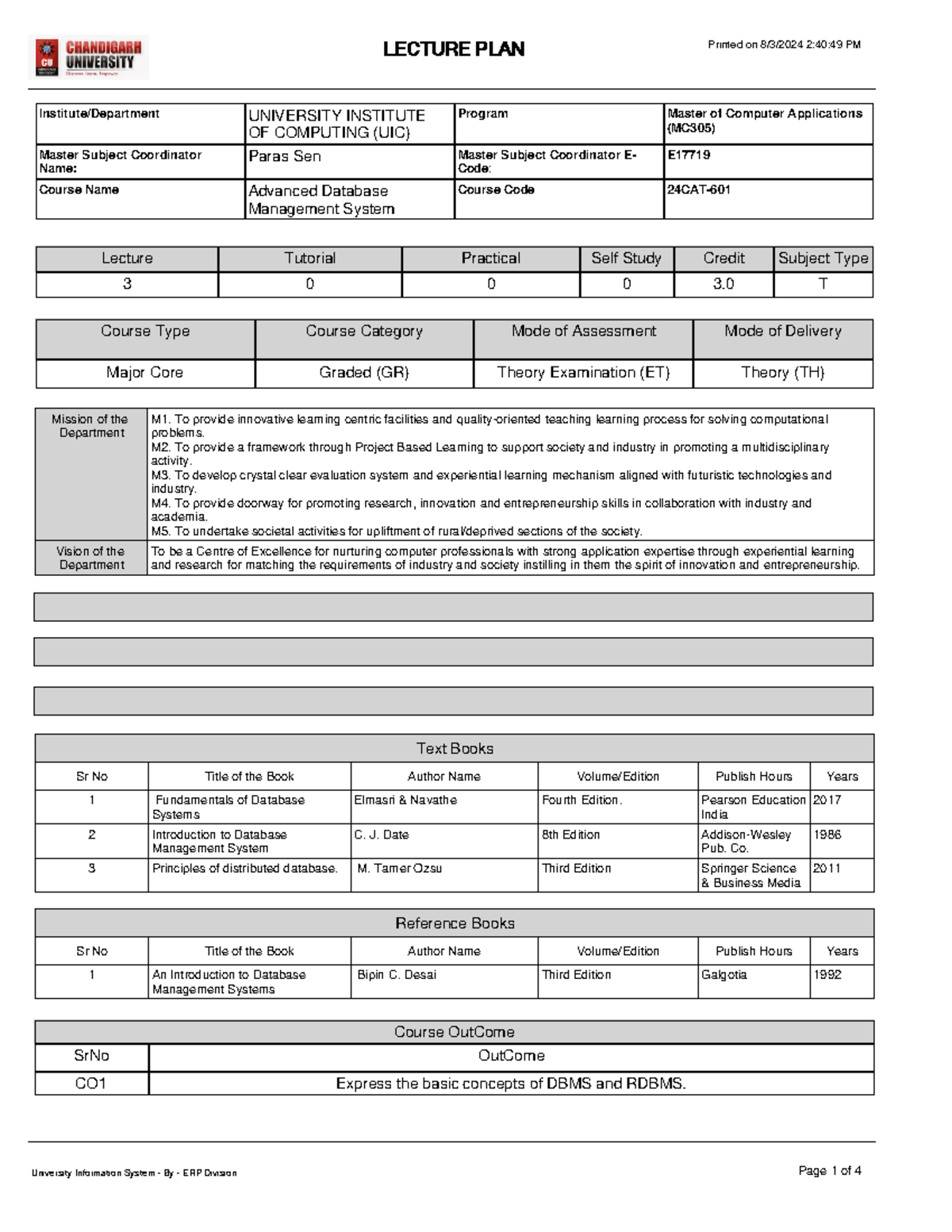 Lecture Plan MC305 24CAT-601 - Text Books Sr No Title of the Book Author Name Volume/Edition ...