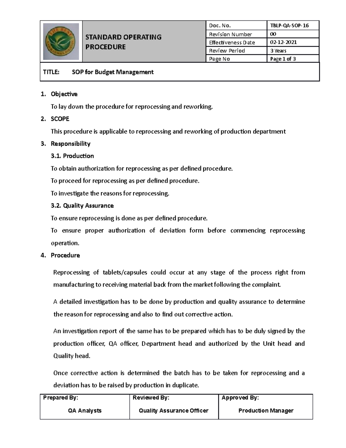 SOP for Budget Management - STANDARD OPERATING PROCEDURE Doc. No. TBLP ...