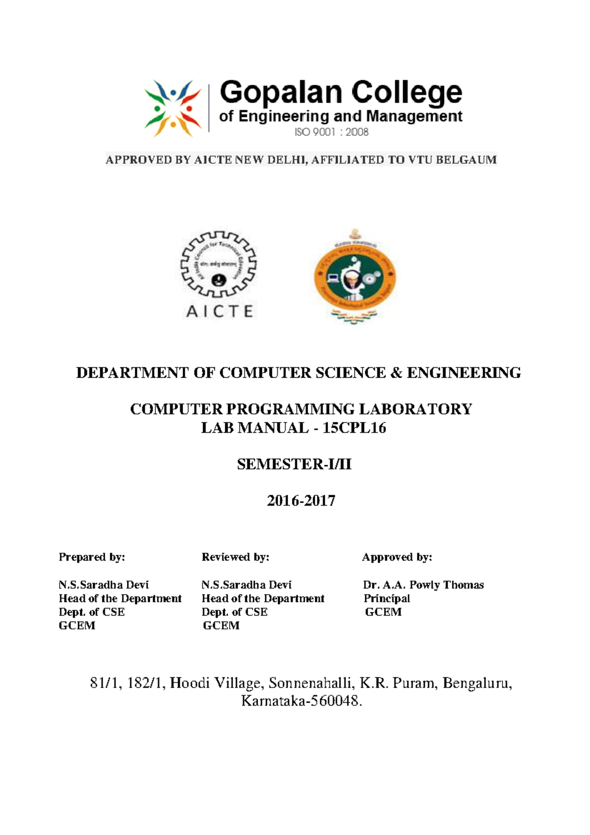 Computer programming laboratory 15CPL26 - APPROVED BY AICTE NEW DELHI ...