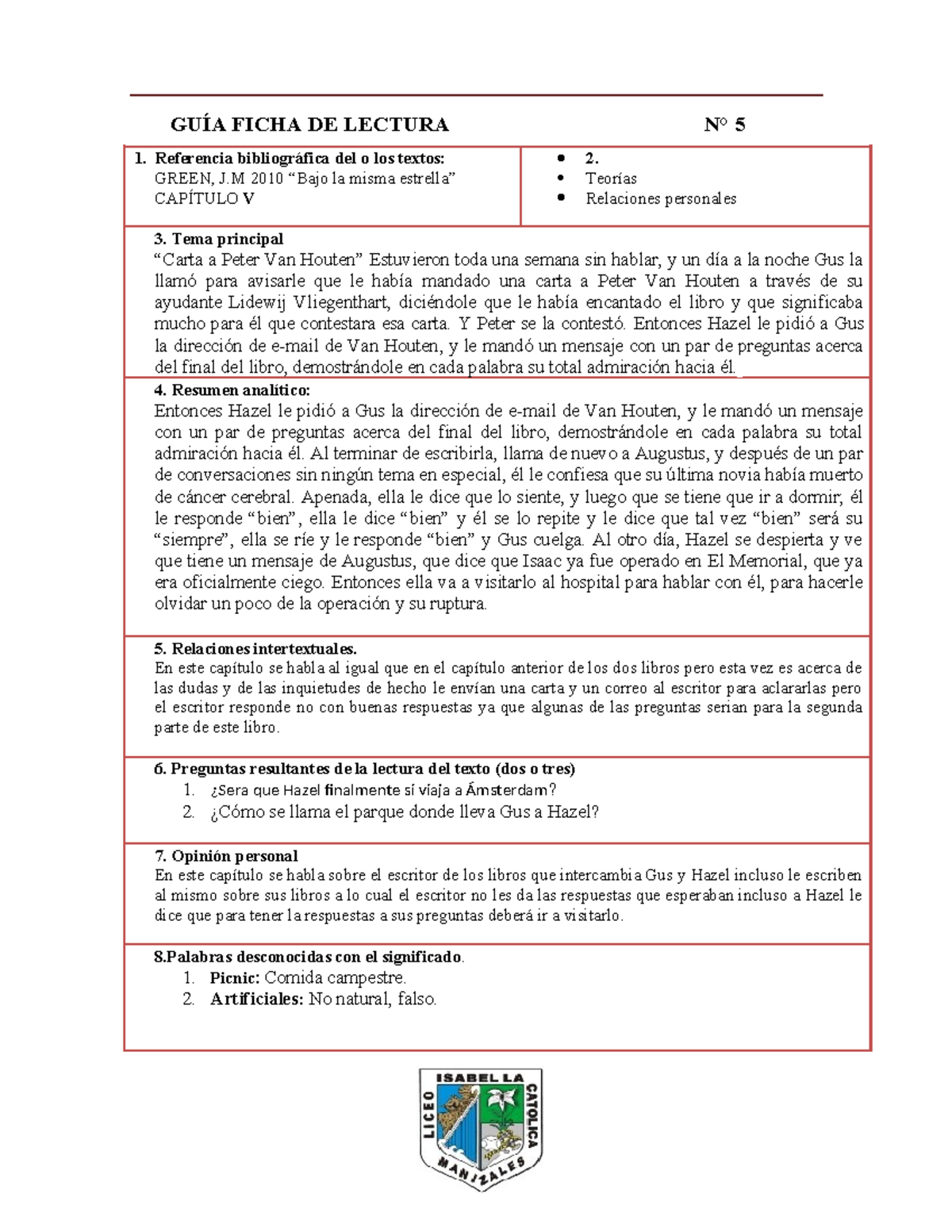 Ficha de lectura 14 - bbbbbbbbbbbbbb - GUÍA FICHA DE LECTURA N° 5 1. Referencia bibliográfica ...