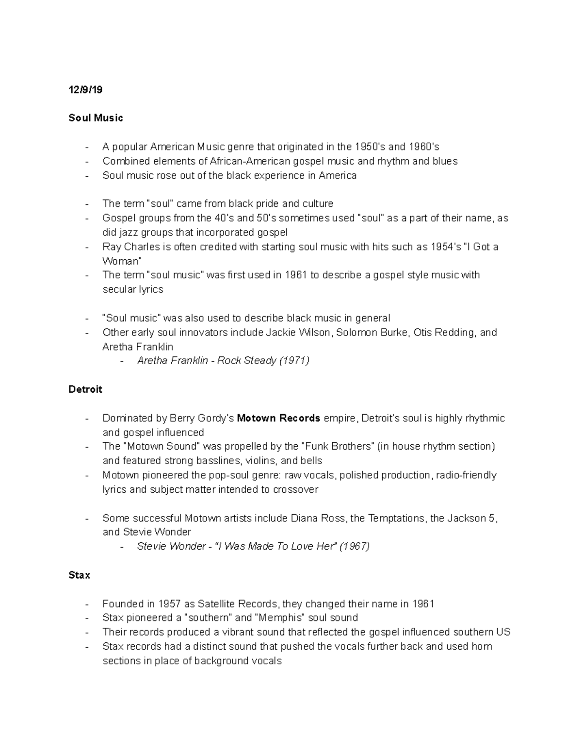 Music History 2 Notes 2nd Set - 12/9/ Soul Music A popular American ...