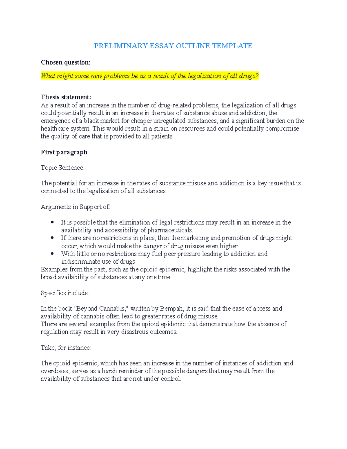 Essay Outline - PRELIMINARY ESSAY OUTLINE TEMPLATE Chosen question ...