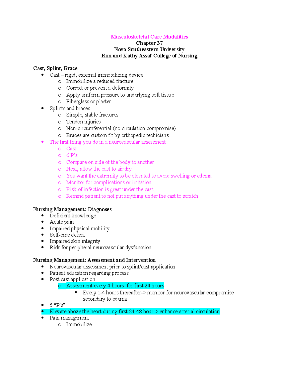 Med Surg 2 Week 10 Notes - Musculoskeletal Care Modalities Chapter 37 ...