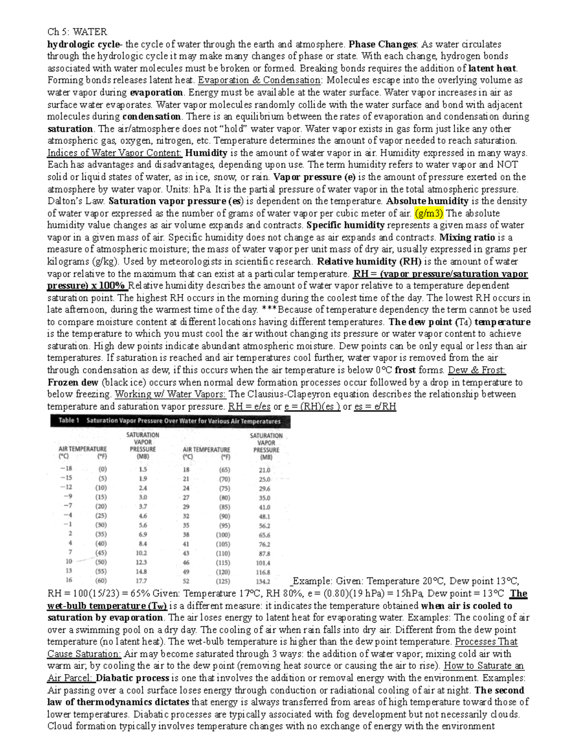 GEO1305 Study Sheet - Ch 5: WATER hydrologic cycle- the cycle of water ...