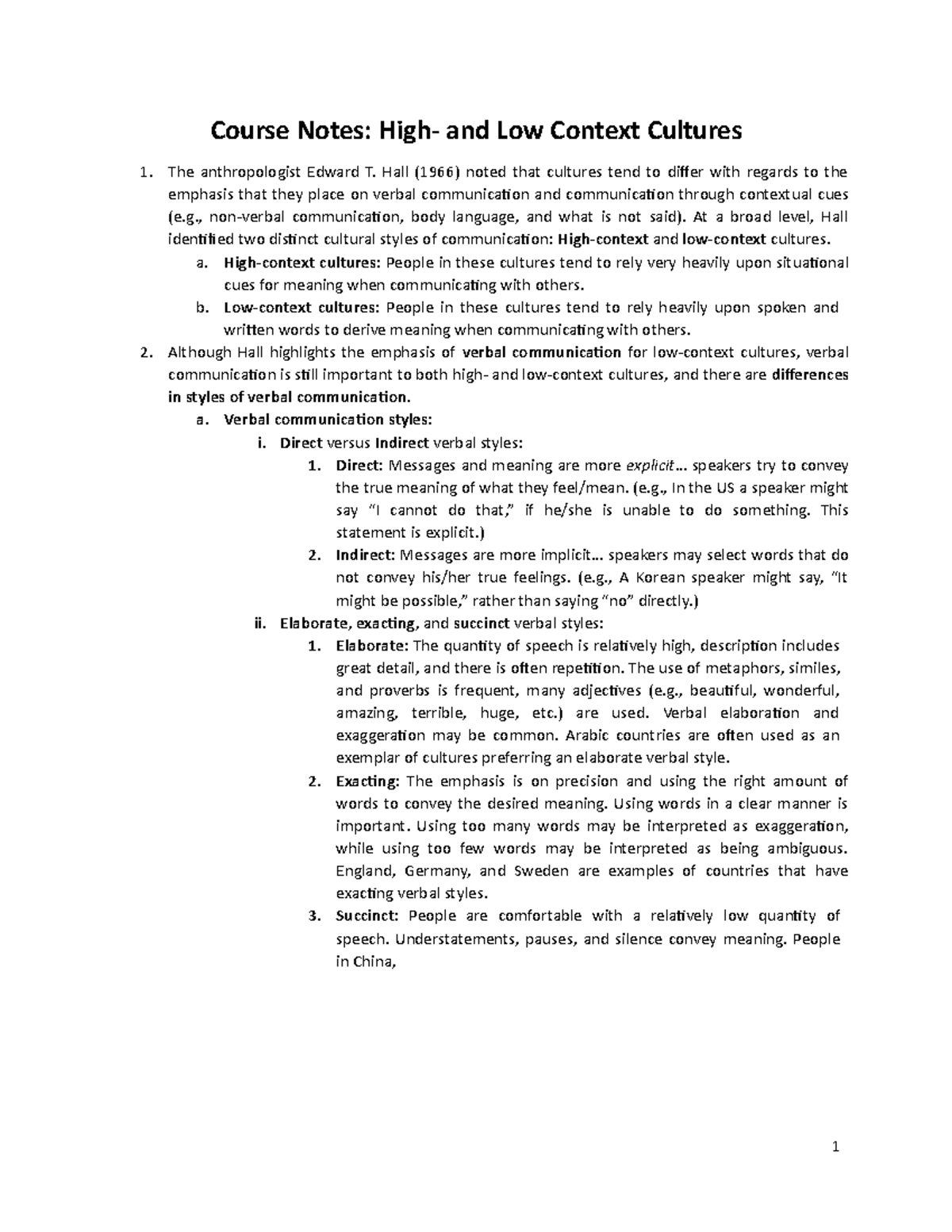 High and Low Context Culture Course Notes - 1 Course Notes: High- and ...