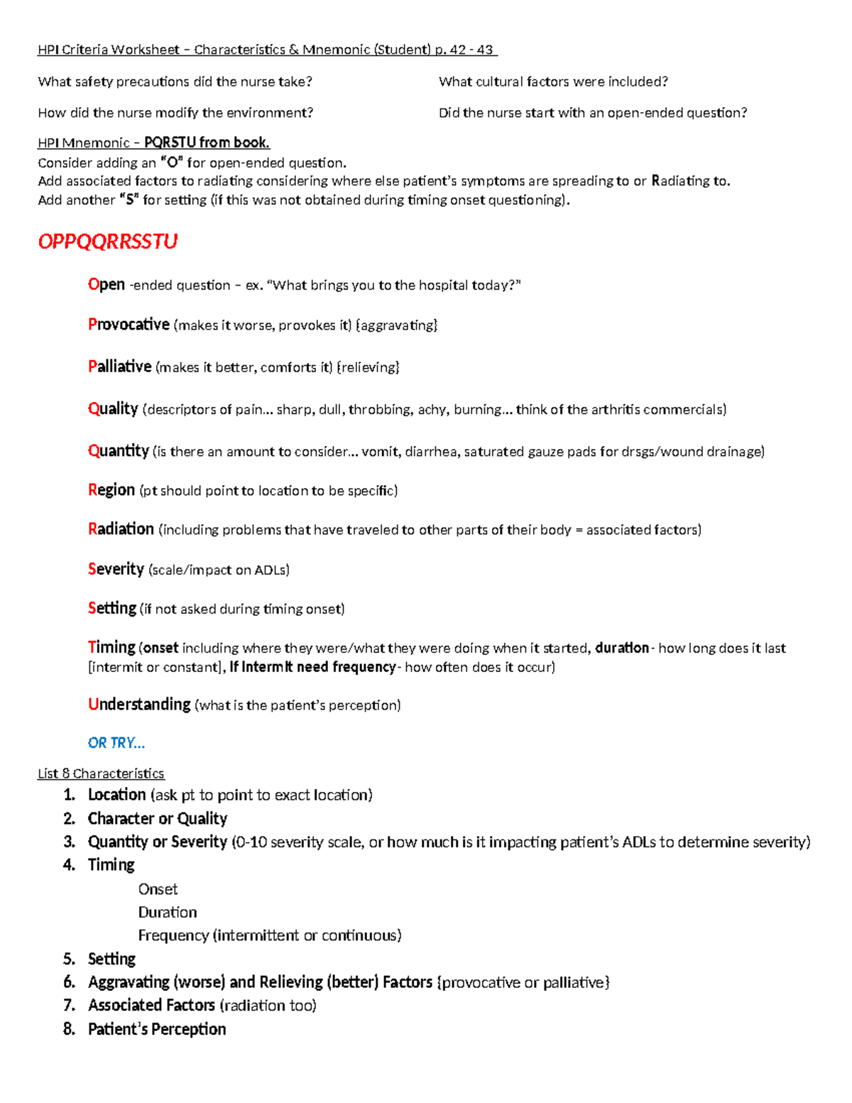 HPI Criteria Worksheet- Characteristics & Mnemonic (Student)-635338 bb ...
