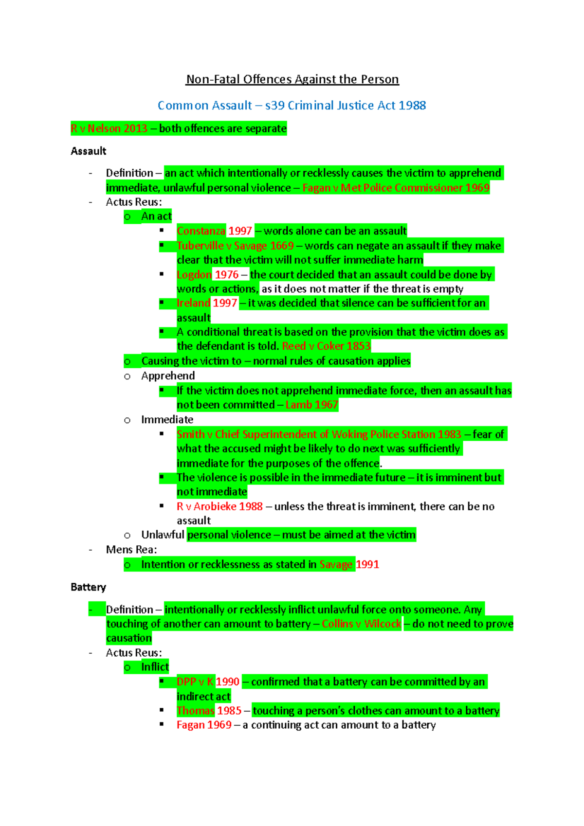Non-Fatal Offences Against the Person - Revision - Non-Fatal Offences ...